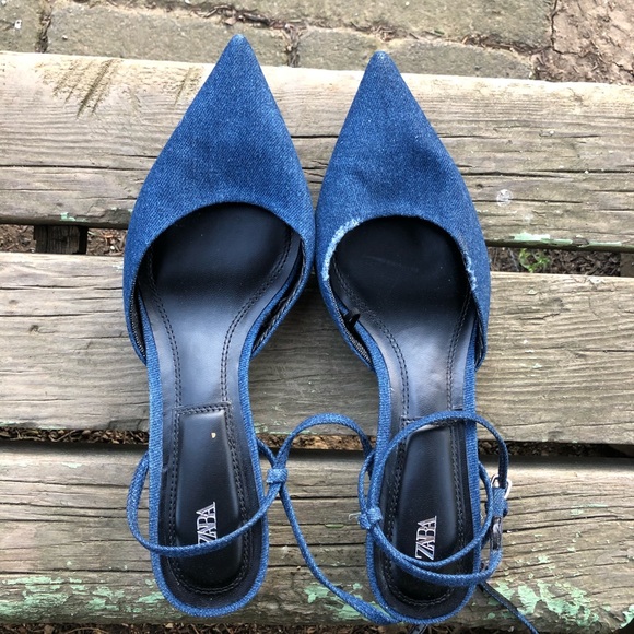 Zara | Shoes | Zara Denim Tile Blue Kitten Heel Shoes | Poshmark